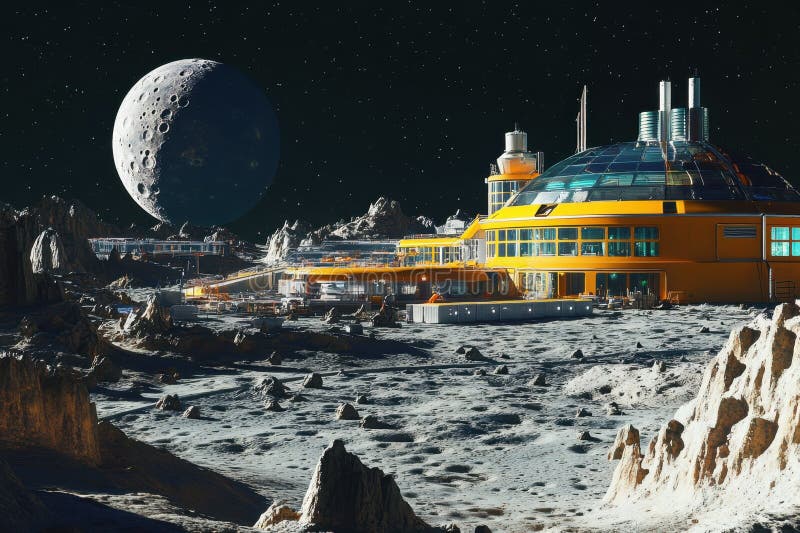 Futuristic Lunar Base with Detailed Structure and Large Moon in the ...