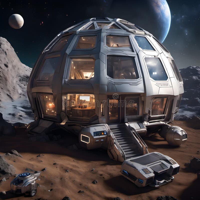 Futuristic Lunar Base with Dome-Shaped Structure and Robotic Equipment ...