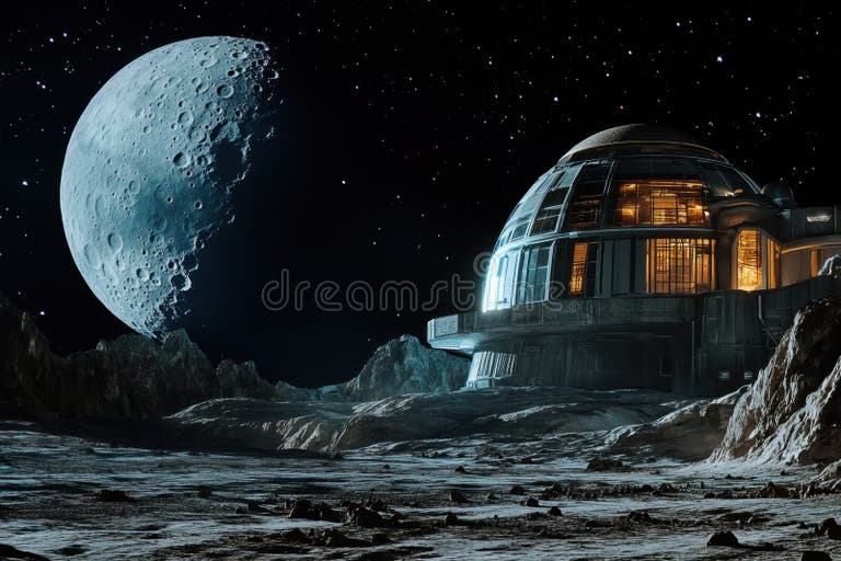 Futuristic Lunar Base with Dome Structure Under a Vast Starry Sky at ...