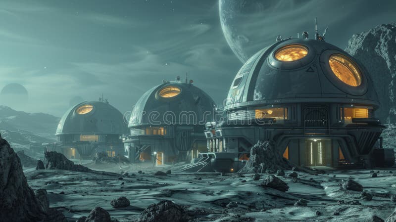 Futuristic Lunar Base with Domed Structures on a Rocky Moon Surface ...