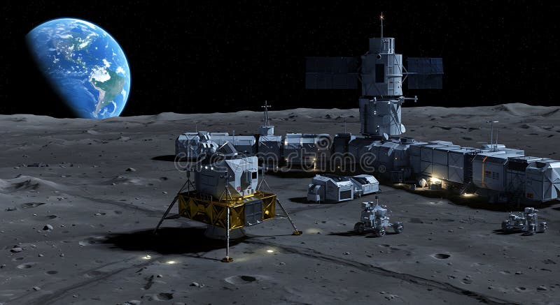 Futuristic Lunar Base with Earth in Background Stock Illustration ...