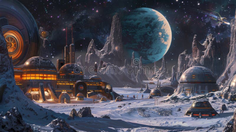 Futuristic Lunar Base Exploration Under Starry Night Sky Stock Image ...