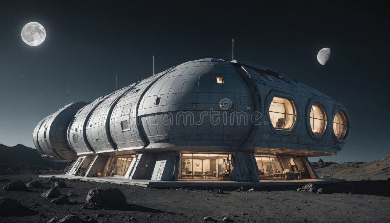 A Futuristic Lunar Base Glows Under the Light of Two Moons Stock Image ...