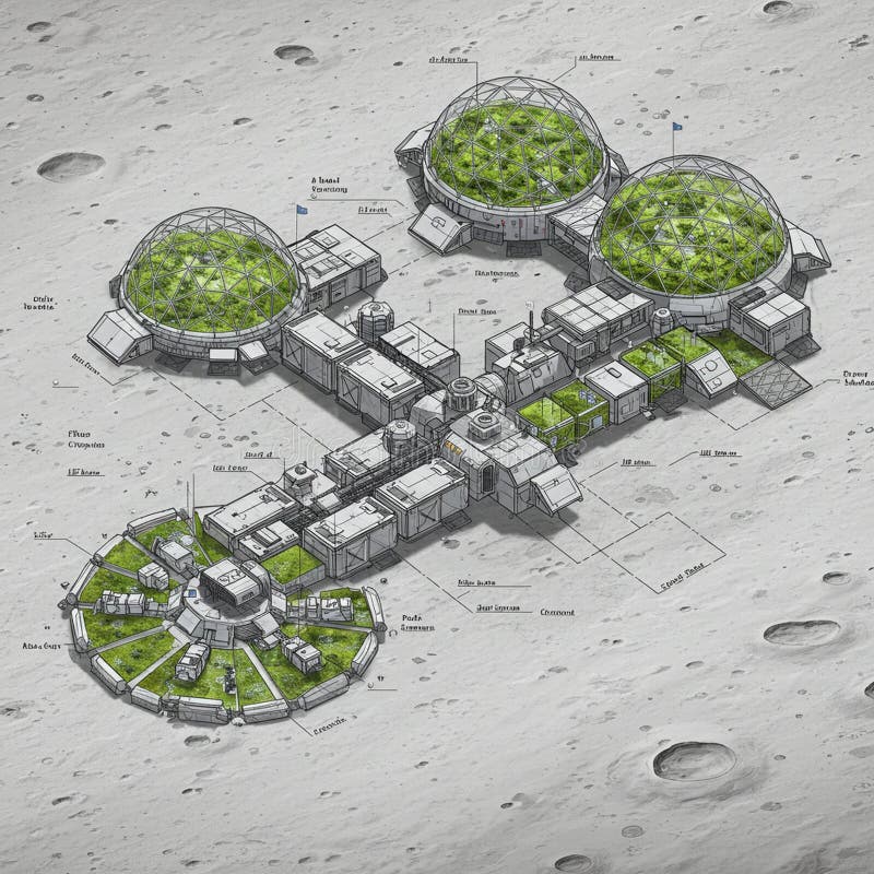 A Futuristic Lunar Base with Interconnected Structures on a Gray ...