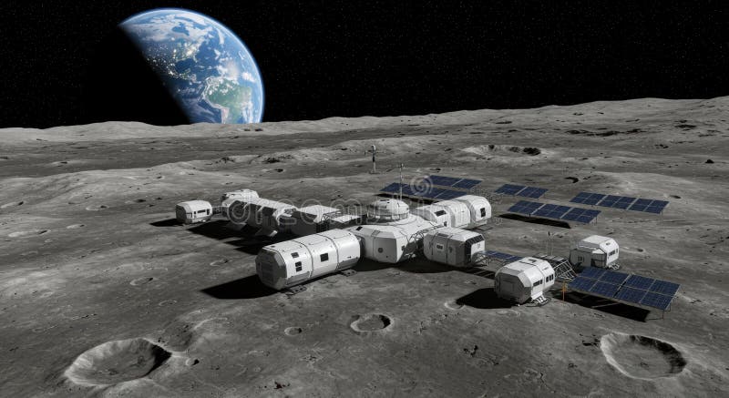 Futuristic Lunar Base on Moon Surface with Solar Panels and Earth in ...