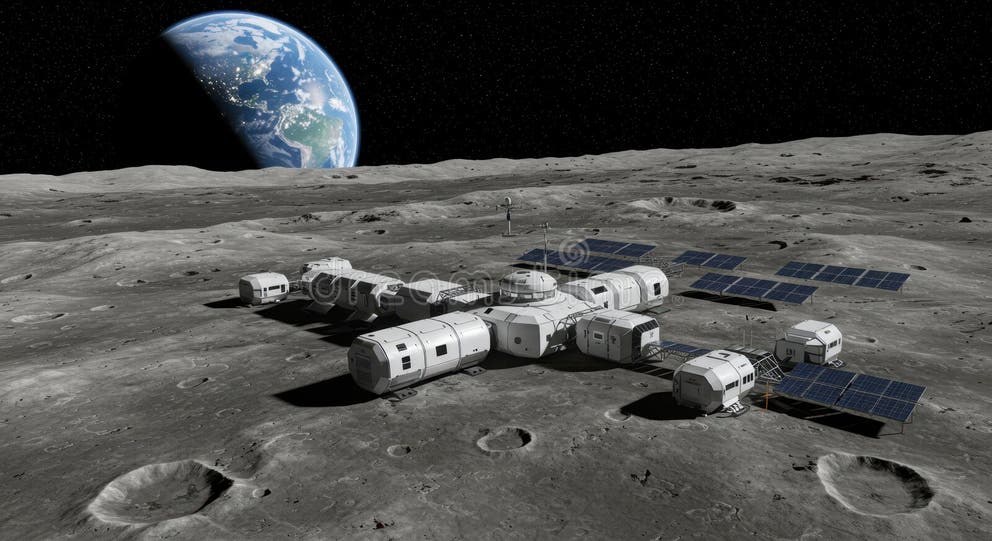 Futuristic Lunar Base on Moon Surface with Solar Panels and Earth in ...