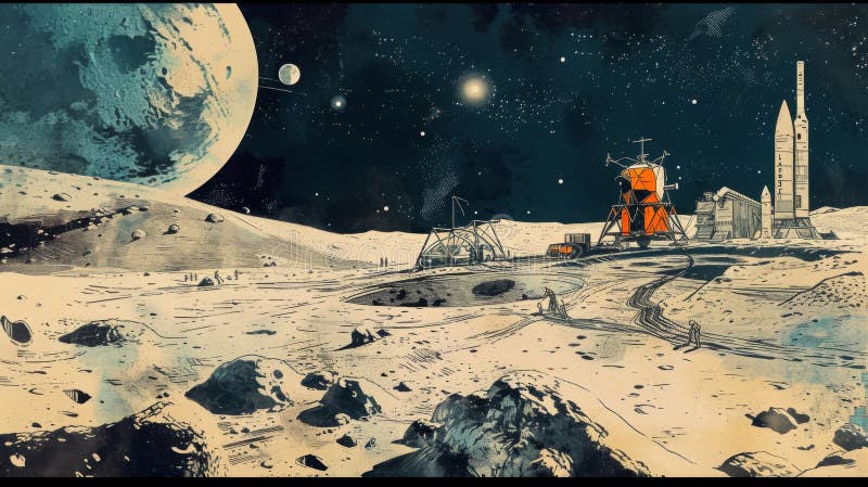 Futuristic Lunar Base with Earth in the Distance Stock Image - Image of ...