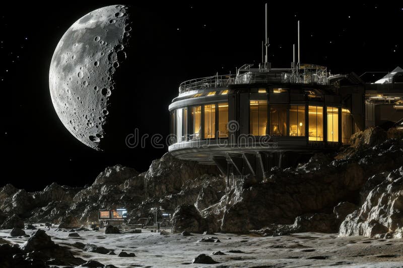 Lunar Base Under the Crescent Moon with a Rocky Landscape at Night ...