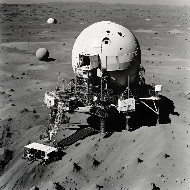 Futuristic Lunar Base with Spherical Habitat on Rugged Moon Surface ...