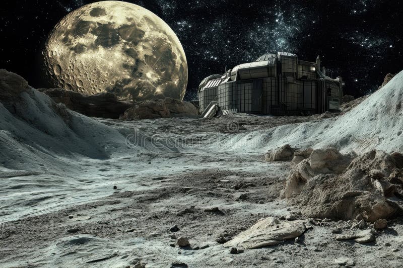 Exploration of a Lunar Base Under a Vibrant Cosmic Sky Stock Photo ...