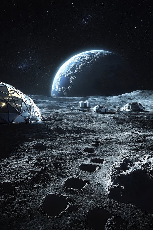 Futuristic Lunar Base with Transparent Dome Habitat, Astronauts, and ...