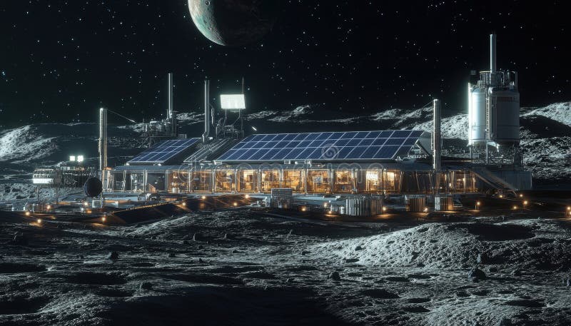 Futuristic Lunar Base Under a Starry Sky with a Distant Planet Visible ...