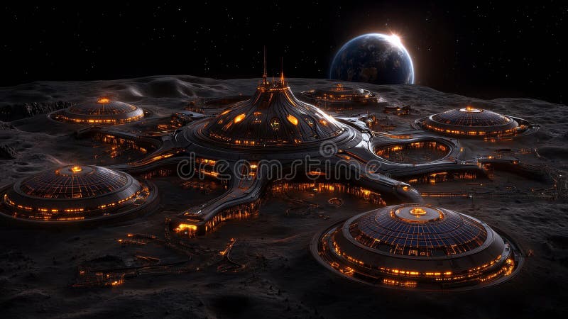 Futuristic Lunar Bases with Glowing Structures Stock Photo - Image of ...