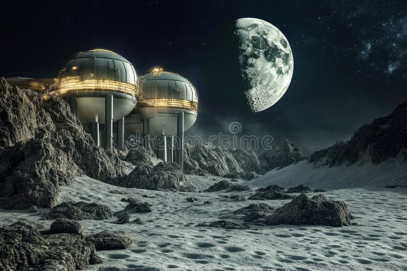Futuristic Lunar Colony with Domed Structures Under a Glowing Moonlight ...