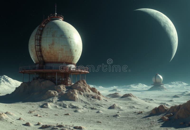 Futuristic Lunar Colony with Domed Structures Under a Large Moon in a ...
