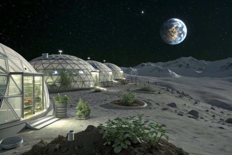 Futuristic Lunar Colony with Geodesic Domes, Lush Greenery, and Earth ...