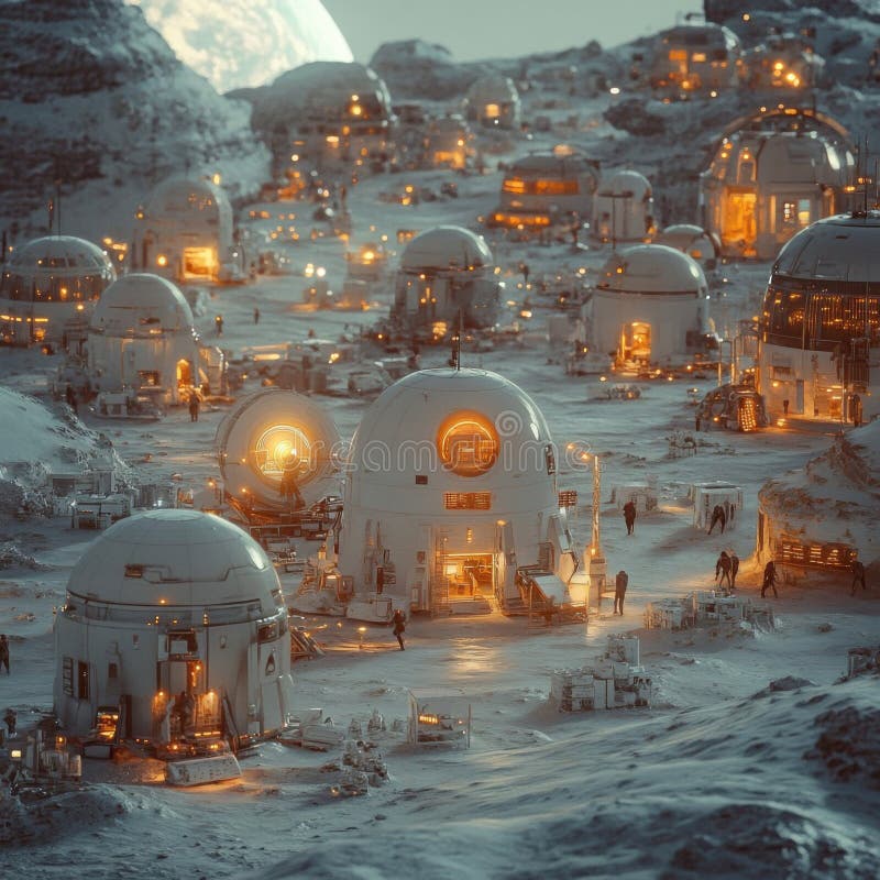 Futuristic Lunar Colony with Geodesic Domes Under a Starry Sky Stock ...