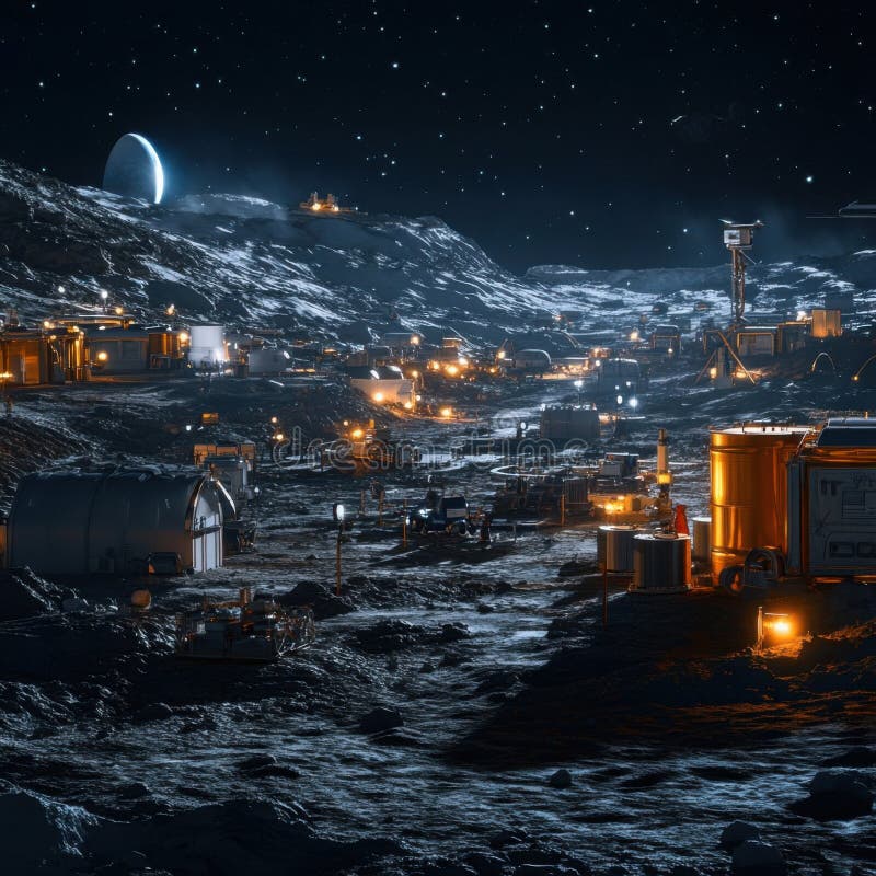 Futuristic Lunar Colony Under Starry Sky with Advanced Structures Stock ...