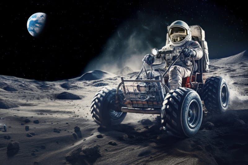 Astronaut Navigating the Moon S Surface in a Lunar Buggy with Earth ...