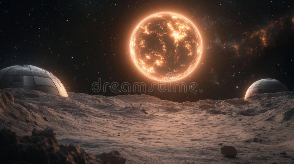 Futuristic Lunar Landscape with Space Stations and Glowing Sun Stock ...