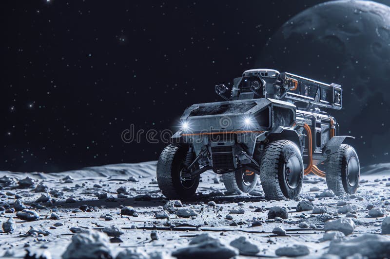 Futuristic Lunar Rover Exploring the Moons Surface Under a Starry Night ...