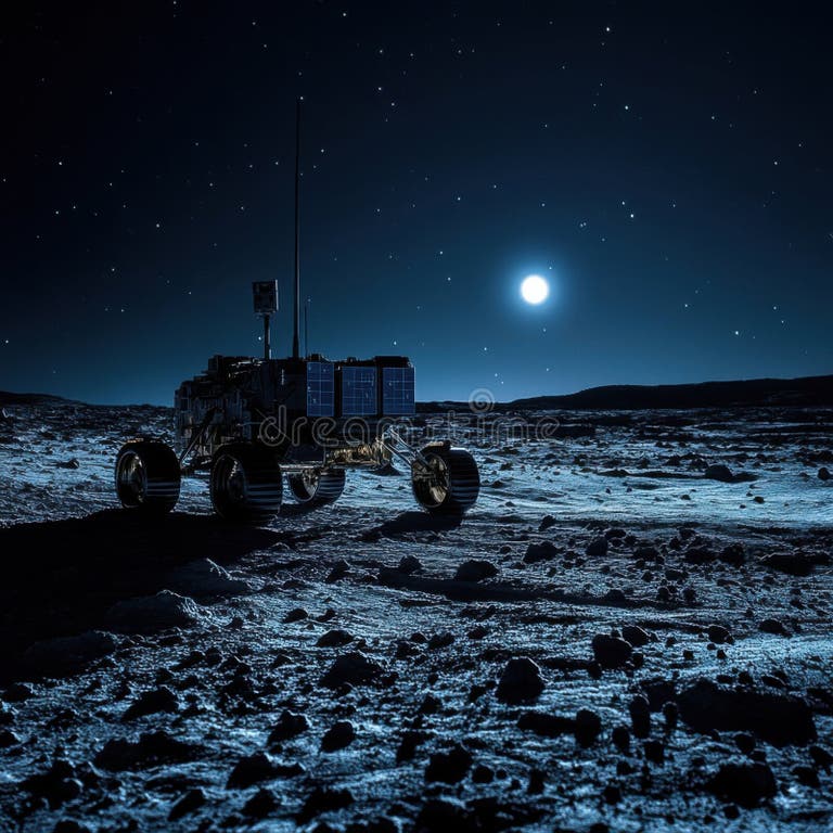 Lunar Rover Exploring Desolate Moon Landscape Under Starry Sky Stock ...