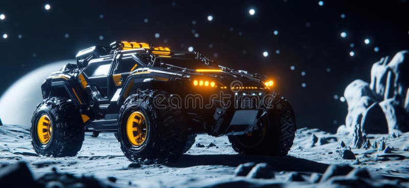 Futuristic Lunar Vehicle on Moon Surface with Glowing Lights and Rugged ...