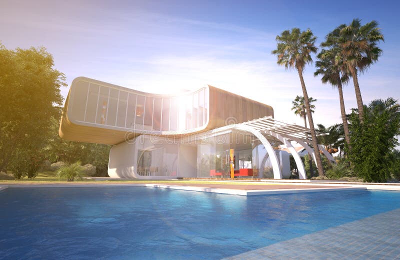 Futuristic Luxurious Home with Pool Stock Illustration - Illustration ...