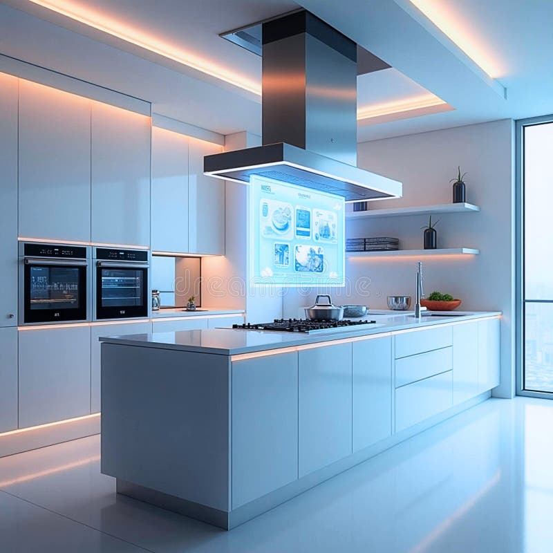 Futuristic Luxury Kitchen with Smart Appliances and Holographic Display ...