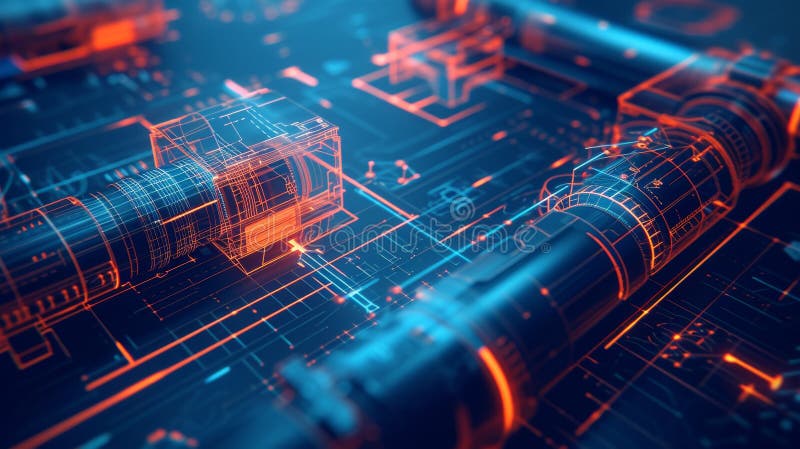 Futuristic Machine in Digital Blueprint Environment Stock Illustration ...