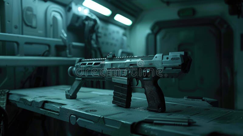 Futuristic Machine Gun Inside Spaceship, Alien Weapon on Metal Table in ...