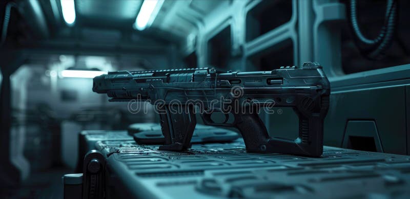 Futuristic Machine Gun on Metal Table Inside Spaceship, Alien Weapon in ...