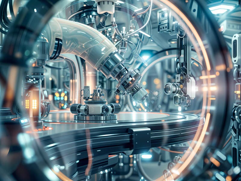 A Futuristic Machine Operating in a Busy Factory, Producing Goods in a ...