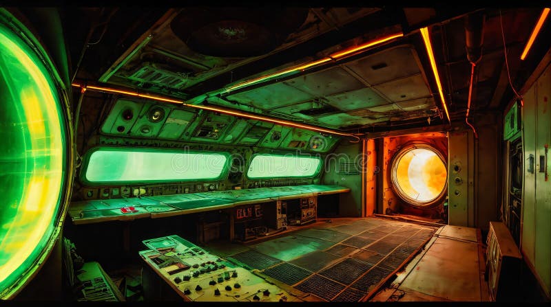 A Futuristic Machine Room Has Some Electronic Equipment in it and Green ...