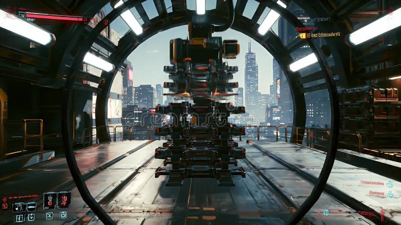 Futuristic Machinery Complex Interior with Urban Cityscape Backdrop ...