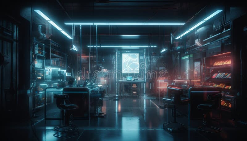 Futuristic Machinery Illuminates Modern Architecture Inside a Dark ...