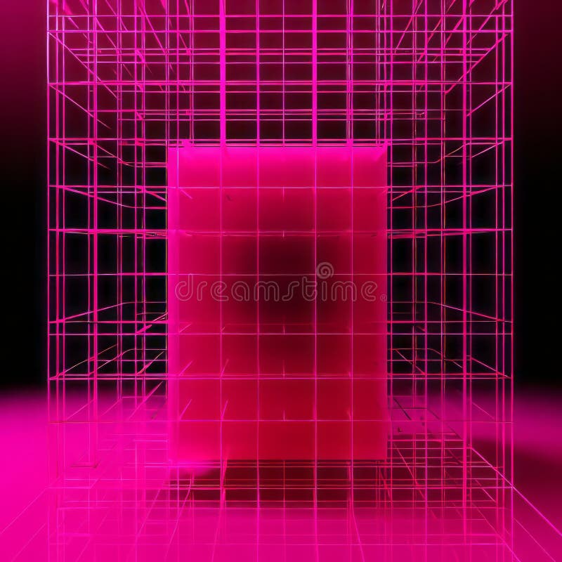 Futuristic Magenta Grid Scene with Reflective Pink Cube Dominance Stock ...