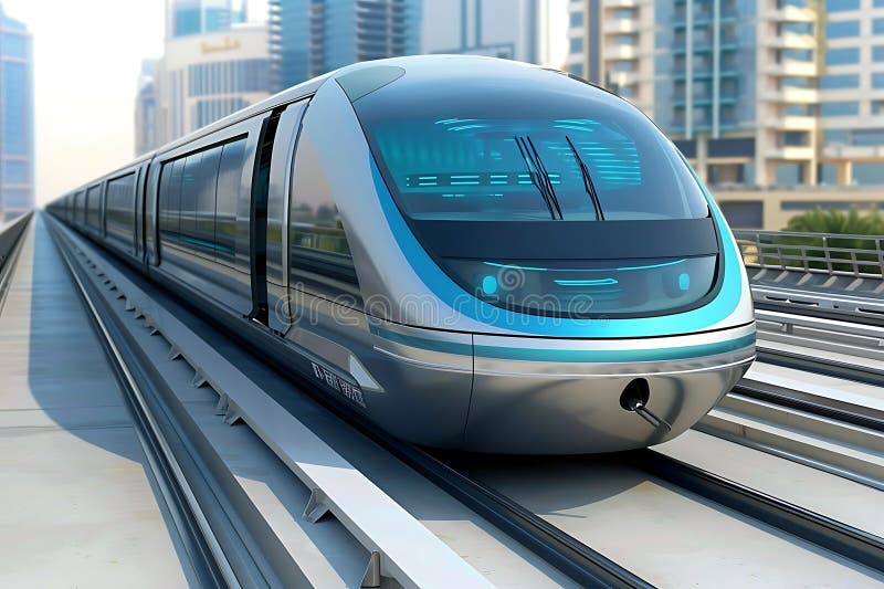 Futuristic Maglev Train on Elevated Track in Modern City Stock ...