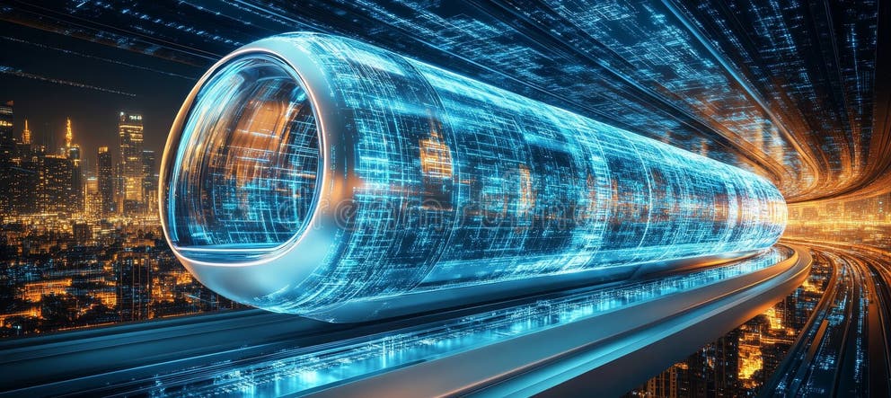 Futuristic Maglev Train System in Cityscape with Data Stream and ...