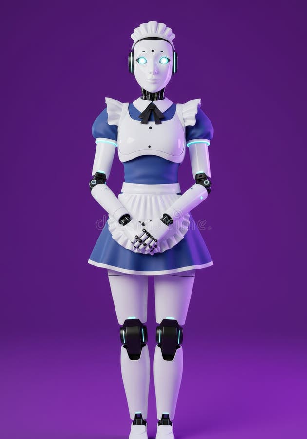 Futuristic Maid Robot in Classic Uniform on Vibrant Purple Background ...