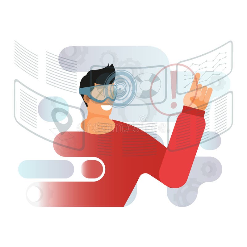 Futuristic Man in Glasses and a Red Sweater Interacts with a Data on ...