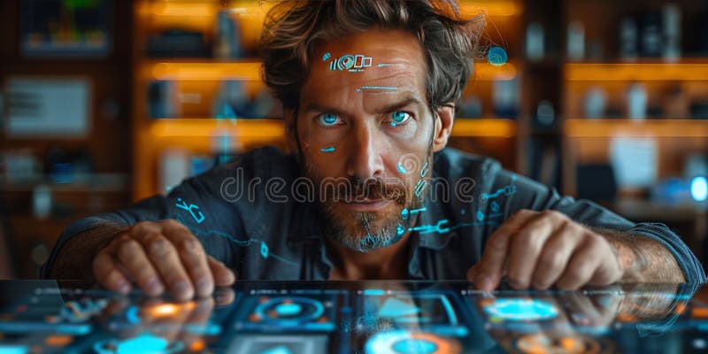 Futuristic Man Interacting with an Advanced Holographic Interface ...