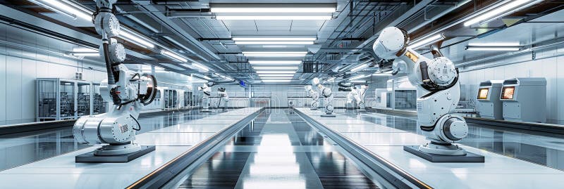 A Futuristic Manufacturing Facility Showcasing a Row of Robotic Arms ...