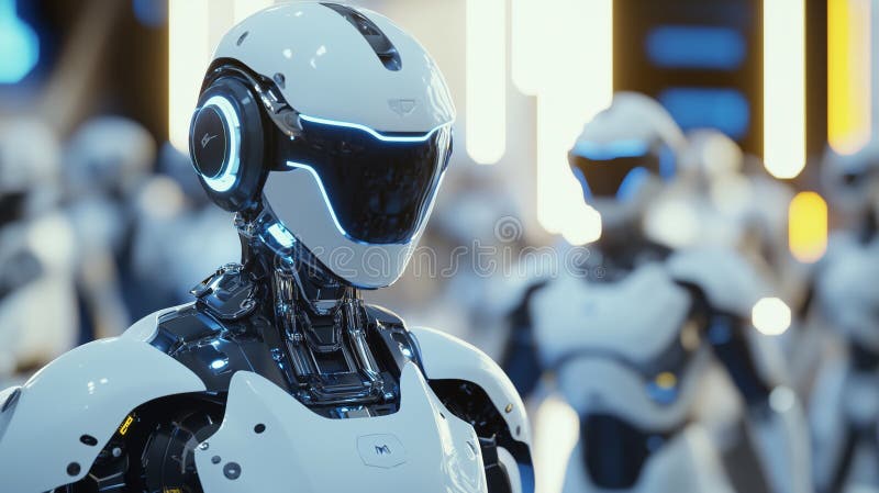 Futuristic Manufacturing Plant with Humanoid Robots Stock Illustration ...