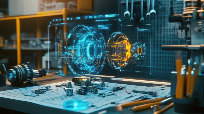 Futuristic Manufacturing Process Showing Holographic Projection of ...