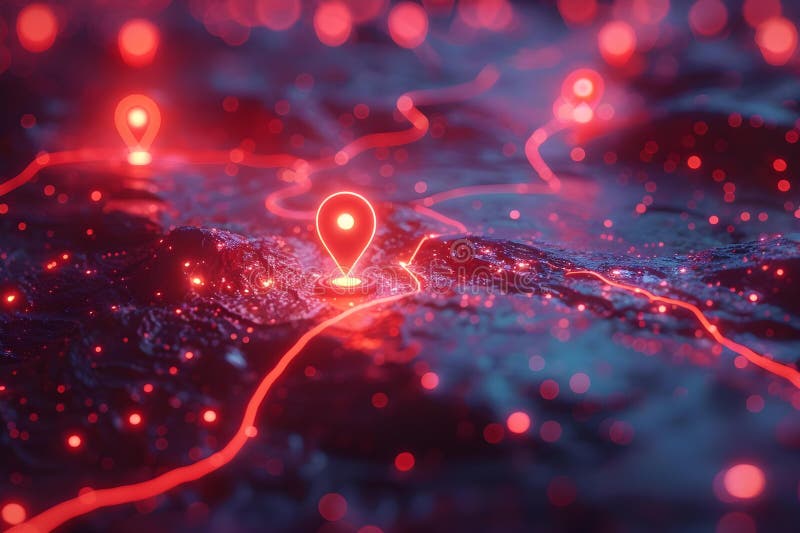 Futuristic Map with Glowing Red Pins on Dark Terrain. Concept ...