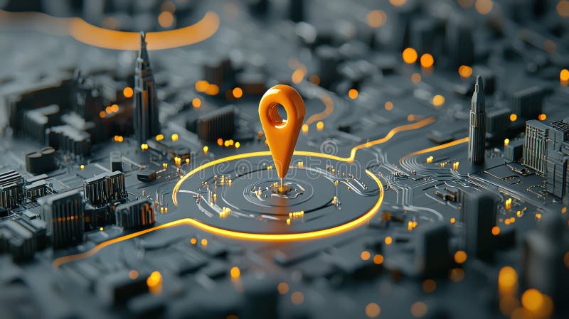 Futuristic Map with GPS Location Pin on Digital Cityscape Representing ...