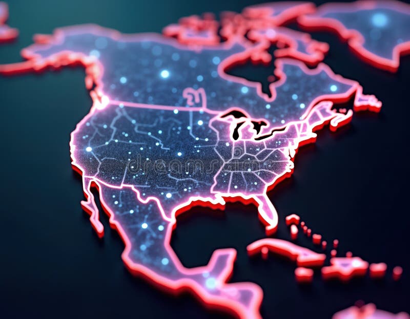 Futuristic Map of North America. Network Lines Glow Neon Orange, Blue ...