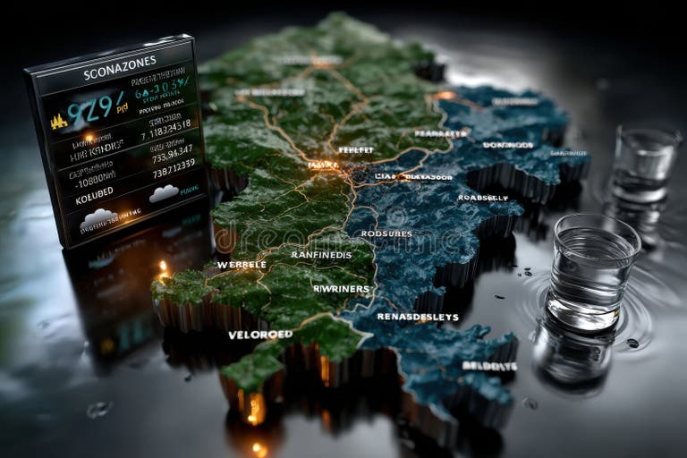 A Futuristic Map View of Terrain with Glowing Digital Overlays, Labels ...