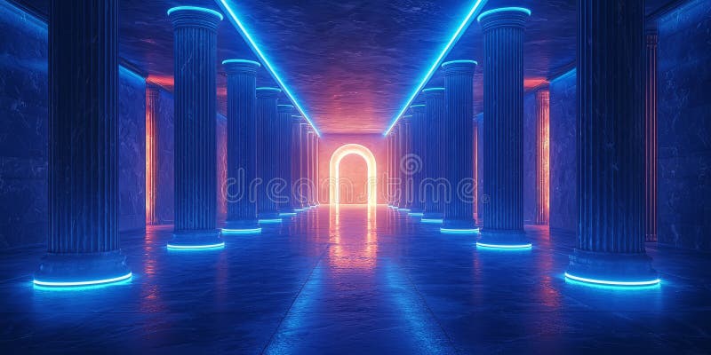 Futuristic Marble Corridor with Glowing Blue Light Strips and Abstract ...